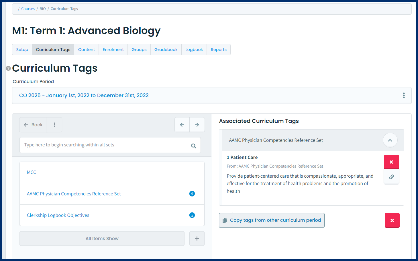 Course Curriculum Tags Tab